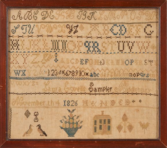 Bonhams Skinner : Framed Needlepoint Sampler signed Laura Ewell (1809-81), Middlebury, New York ...