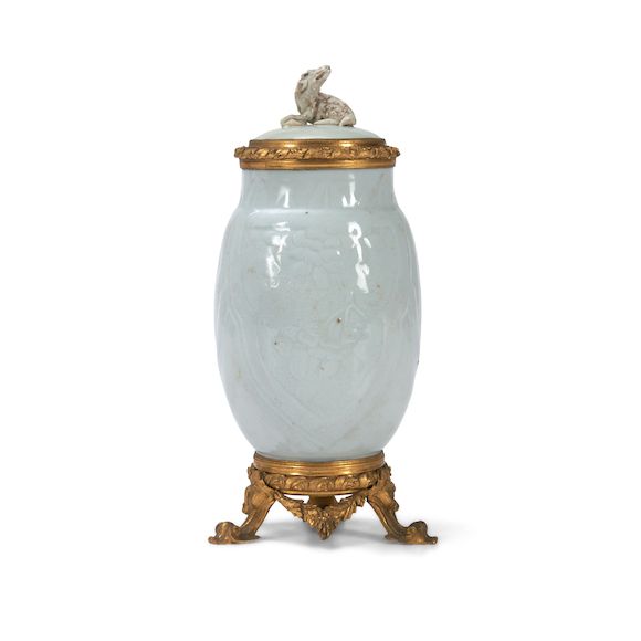 Bonhams Skinner : A WHITE-GLAZED OVIFORM COVERED JAR WITH ORMOLU MOUNTS ...
