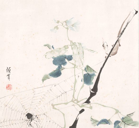 Bonhams : ATTRIBUTED TO REN YI (1840-1895) Flowers, Bird and Insect