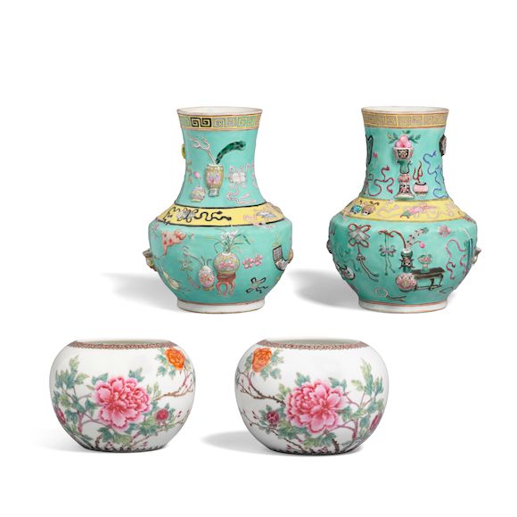 Bonhams : FOUR FAMILLE-ROSE WARES Vases: Late Qing dynasty/Republic ...