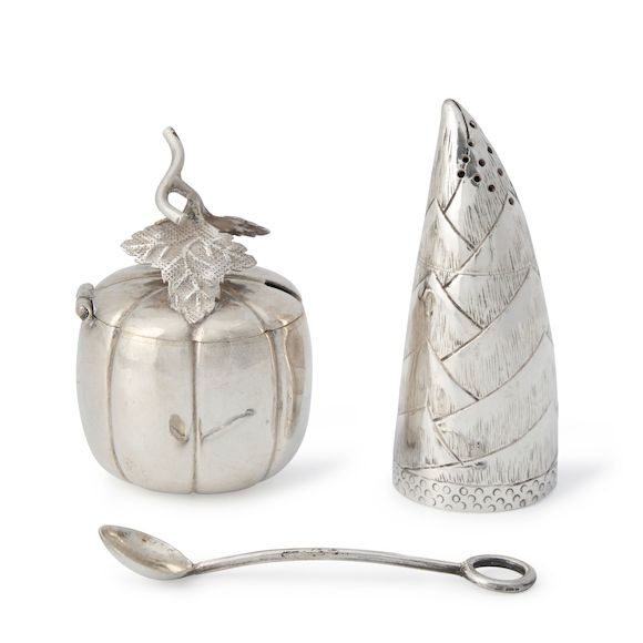 Bonhams Skinner : Plant-form Covered Salt Cellar and Pepper Shaker,