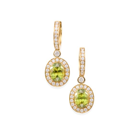 Bonhams : 14K GOLD, SPHENE AND DIAMOND EARRINGS