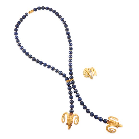 Bonhams : 18K GOLD, LAPIS LAZULI, RUBY AND DIAMOND BEADED RAMS HEAD ...