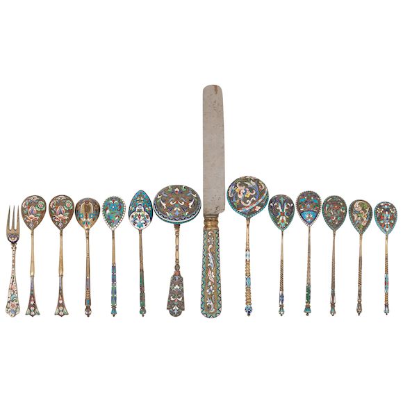 Bonhams : A GROUP OF RUSSIAN ENAMEL AND 84 AND 88 SILVER-GILT FLATWARE ...