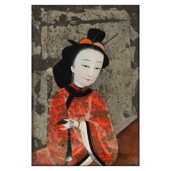 Bonhams : A CHINESE REVERSE GLASS PORTRAIT OF A WOMAN HOLDING A SHOE