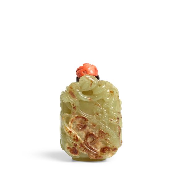 Bonhams : A SMALL INSCRIBED GREEN AND RUSSET JADE 'CHILONG-ENWRAPPED ...
