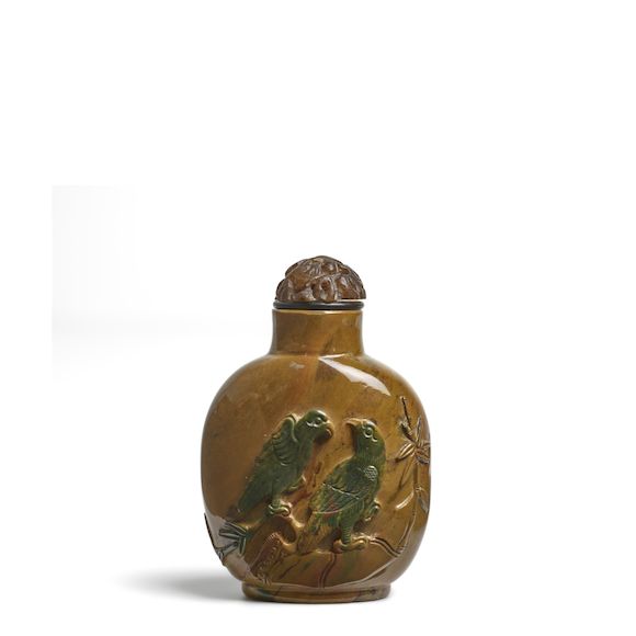 Bonhams : A TWO-COLOR JASPER 'HAWKS AND BAMBOO' SNUFF BOTTLE 1750-1860