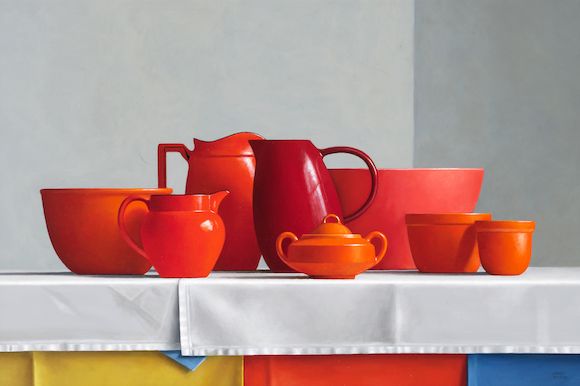 Bonhams : JANET RICKUS (BORN 1949) Untitled (Red Pottery)oil on canvas, signed 'JANET RICKUS ...