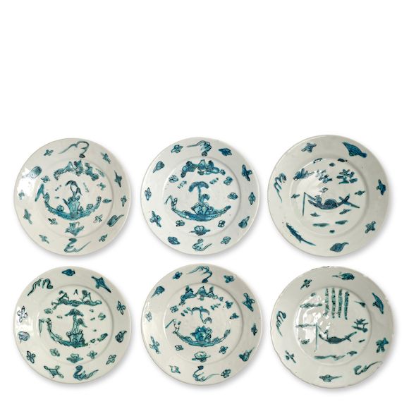 Bonhams : FIVE TURQUOISE AND BLACK ENAMEL 'SWATOW' DISHES, FIGURE IN A ...