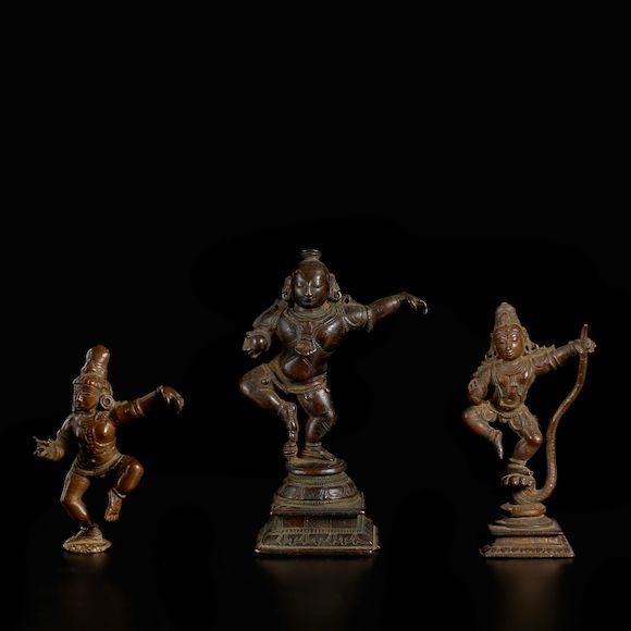 Bonhams : THREE COPPER ALLOY DANCING FIGURES OF KRISHNA, THE BUTTER ...