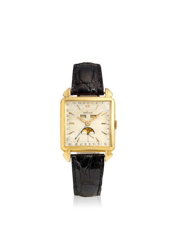 Bonhams : OMEGA. AN 18K GOLD MANUAL WIND TRIPLE CALENDAR WRISTWATCH ...