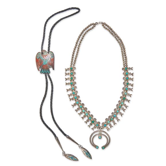 Bonhams Skinner : Two Diné (Navajo) jewelry items bolo: slide lg. 2 3/8 in.; necklace: wearable ...