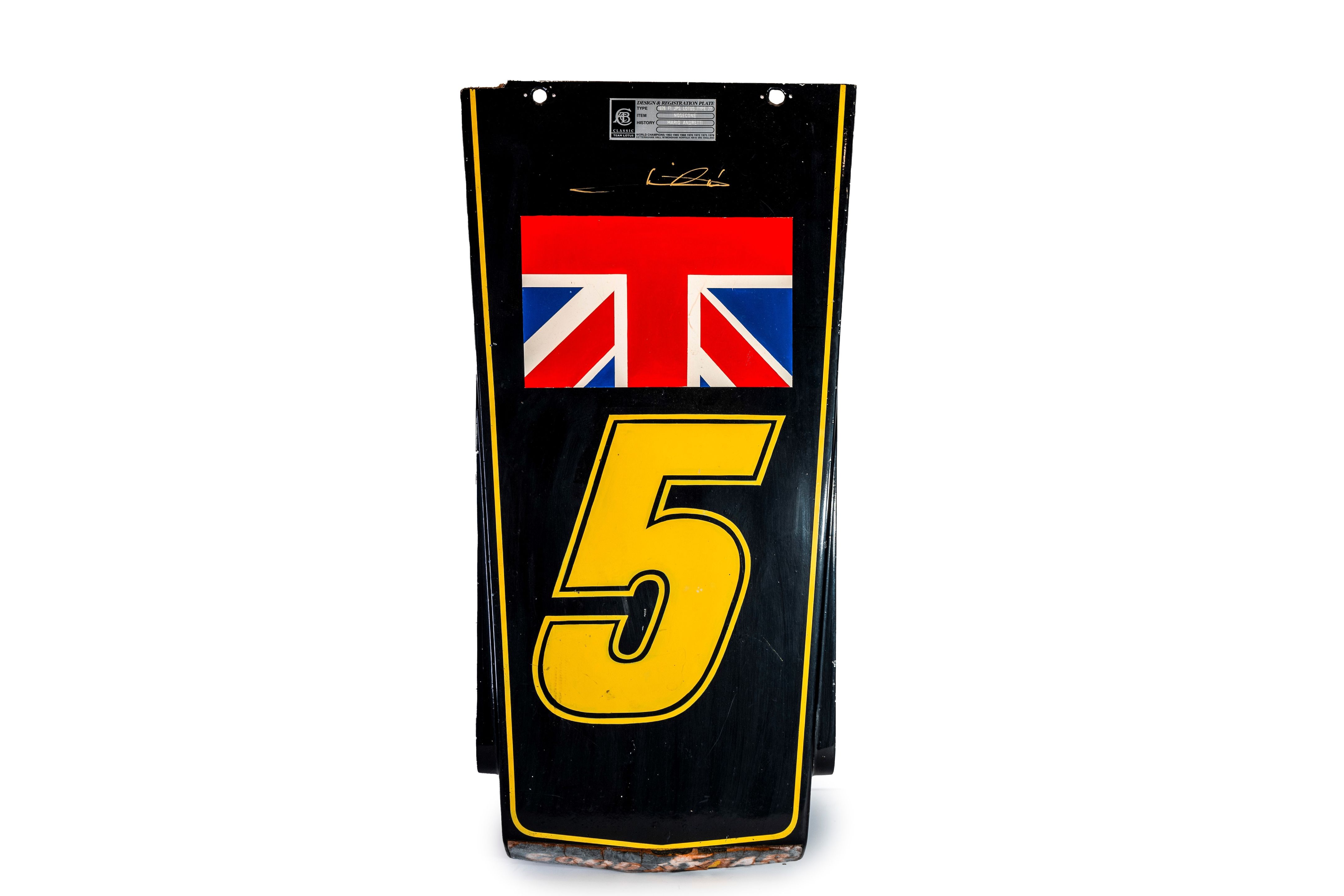 Bonhams Cars : A signed Mario Andretti, 1977 Lotus Type 77 nosecone,