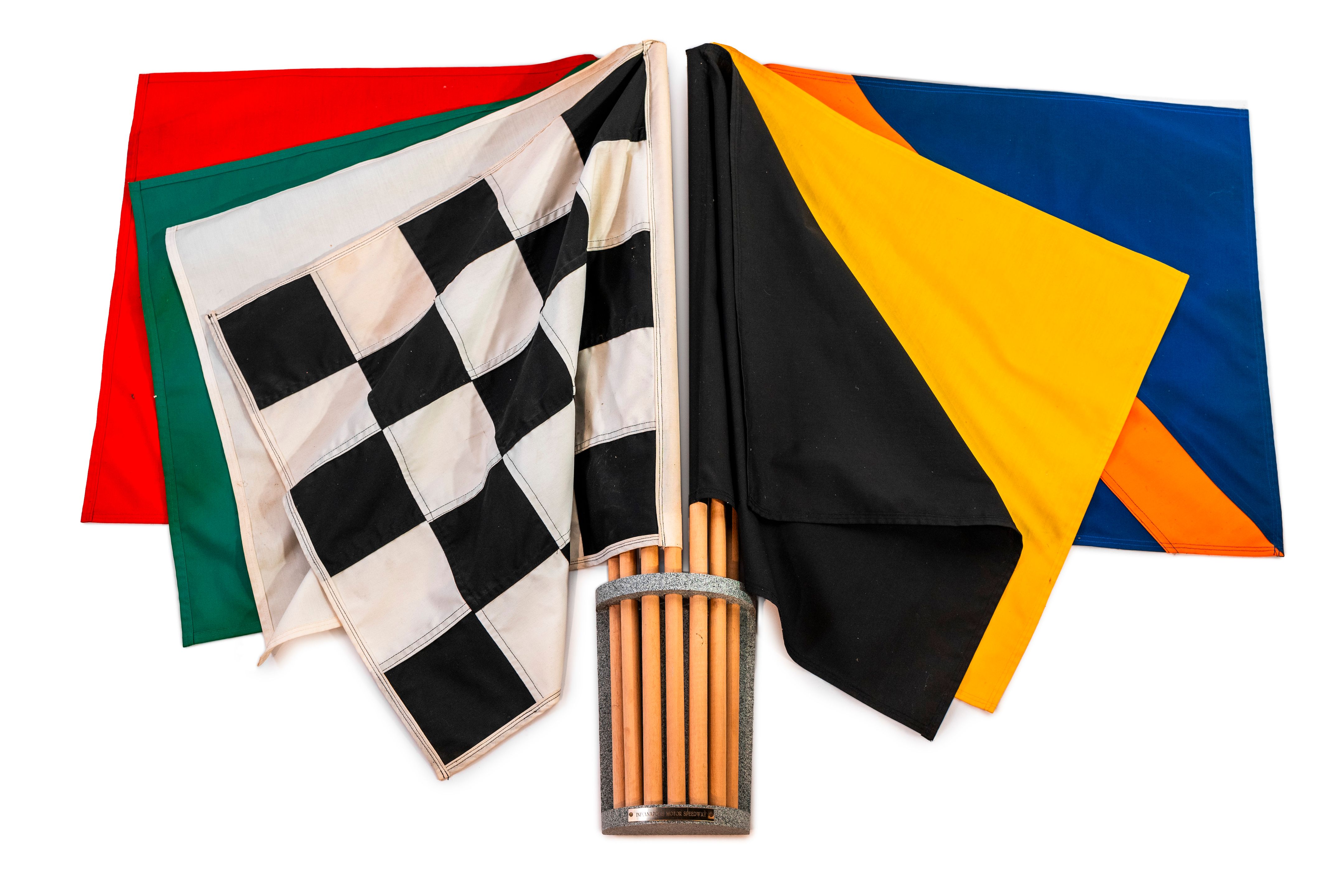 Bonhams Cars : An Indianapolis Motor Speedway race flags wall display,