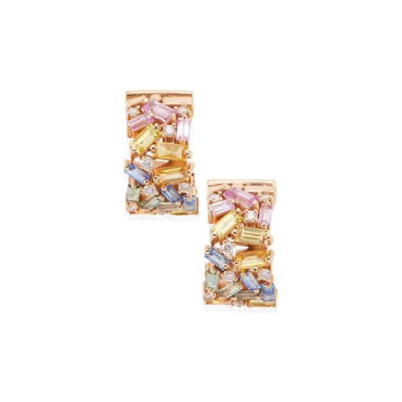 Bonhams : SUZANNE KALAN: 18K GOLD, MULTICOLOR SAPPHIRE AND DIAMOND EARRINGS