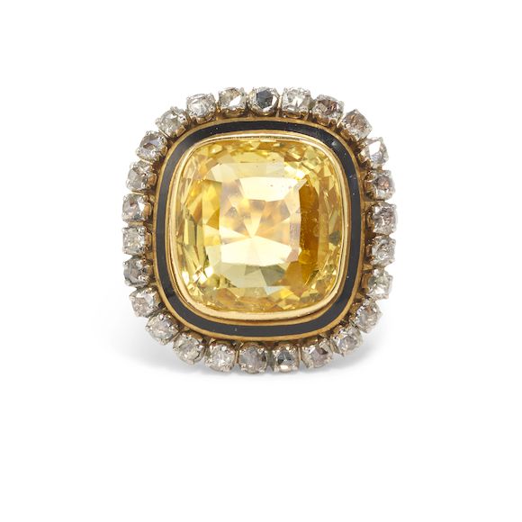 Bonhams : AN 18K GOLD, PALLADIUM, BLACK ENAMEL, YELLOW SAPPHIRE AND ...