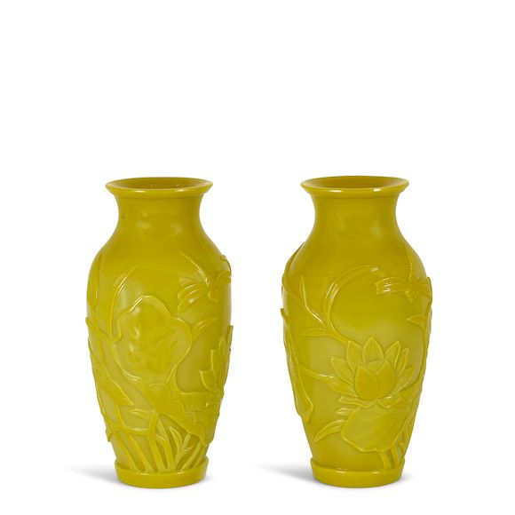 Bonhams : A PAIR OF CHINESE YELLOW PEKING GLASS VASESLate 20th century