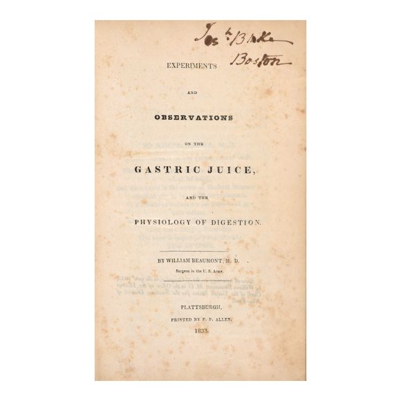 Bonhams : BEAUMONT ON THE PHYSIOLOGY OF DIGESTION BEAUMONT, WILLIAM ...