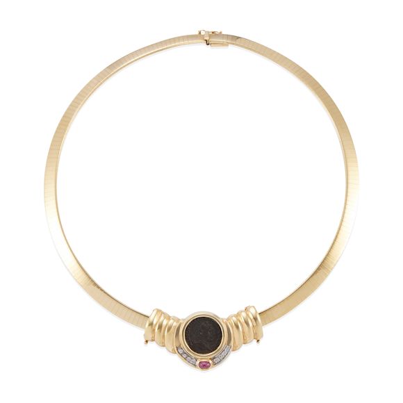 Bonhams : 14K GOLD, COPPER COIN, DIAMOND AND RUBY SLIDE PENDANT NECKLACE