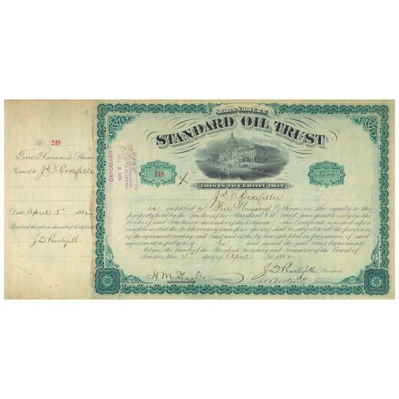 Bonhams : ROCKEFELLER SIGNED STANDARD OIL TRUST STOCK CERTIFICATE ...