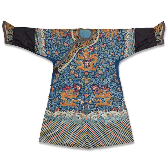 Bonhams : A BLUE-GROUND EMBROIDERED SILK 'DRAGON' ROBE, JIFU Late 19th ...