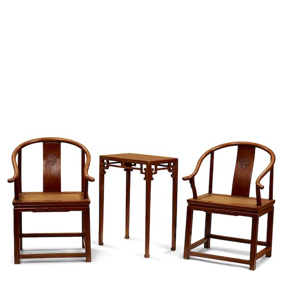 Bonhams : A PAIR OF HARDWOOD HORSE-SHOE BACK ARMCHAIRS AND A TALL ...
