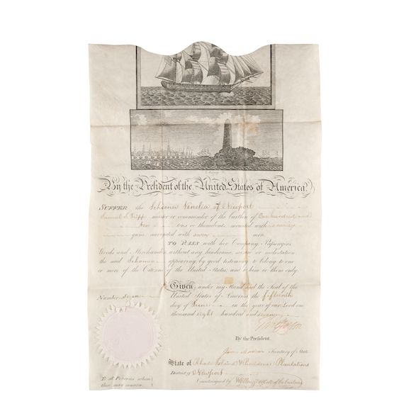 Bonhams : SHIP'S PASSPORT SIGNED BY JEFFERSON, MADISON, AND ELLERY ...