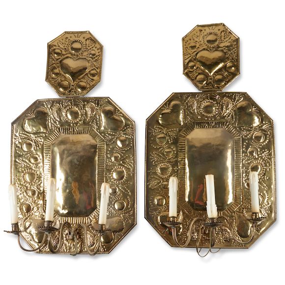 Bonhams Skinner : Pair of Brass Three-light Wall Sconces, likely Dutch ...