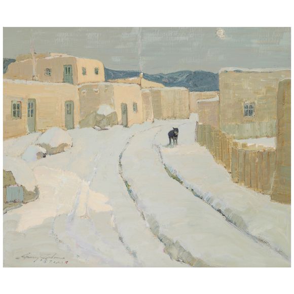 Bonhams : Jerry Jordan (born 1944) Taos Winter Village 25 x 30 in ...