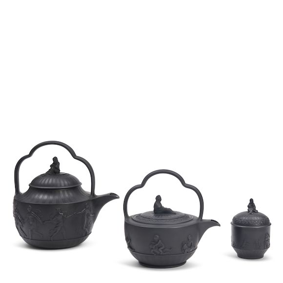 Bonhams Skinner : THREE WEDGWOOD BLACK BASALT TEA WARES