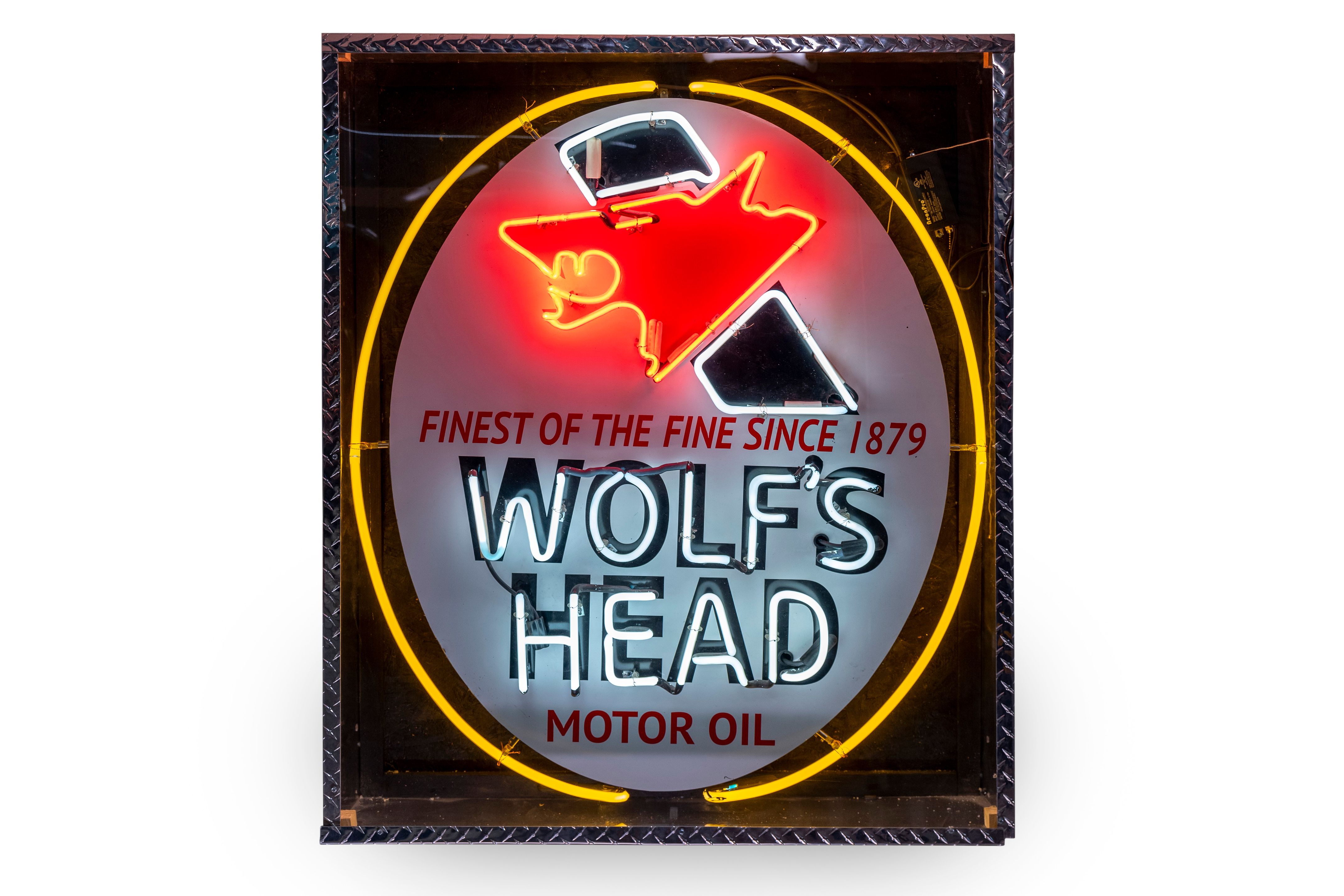 Bonhams Cars : A Wolf's Head Motor Oil neon sign,
