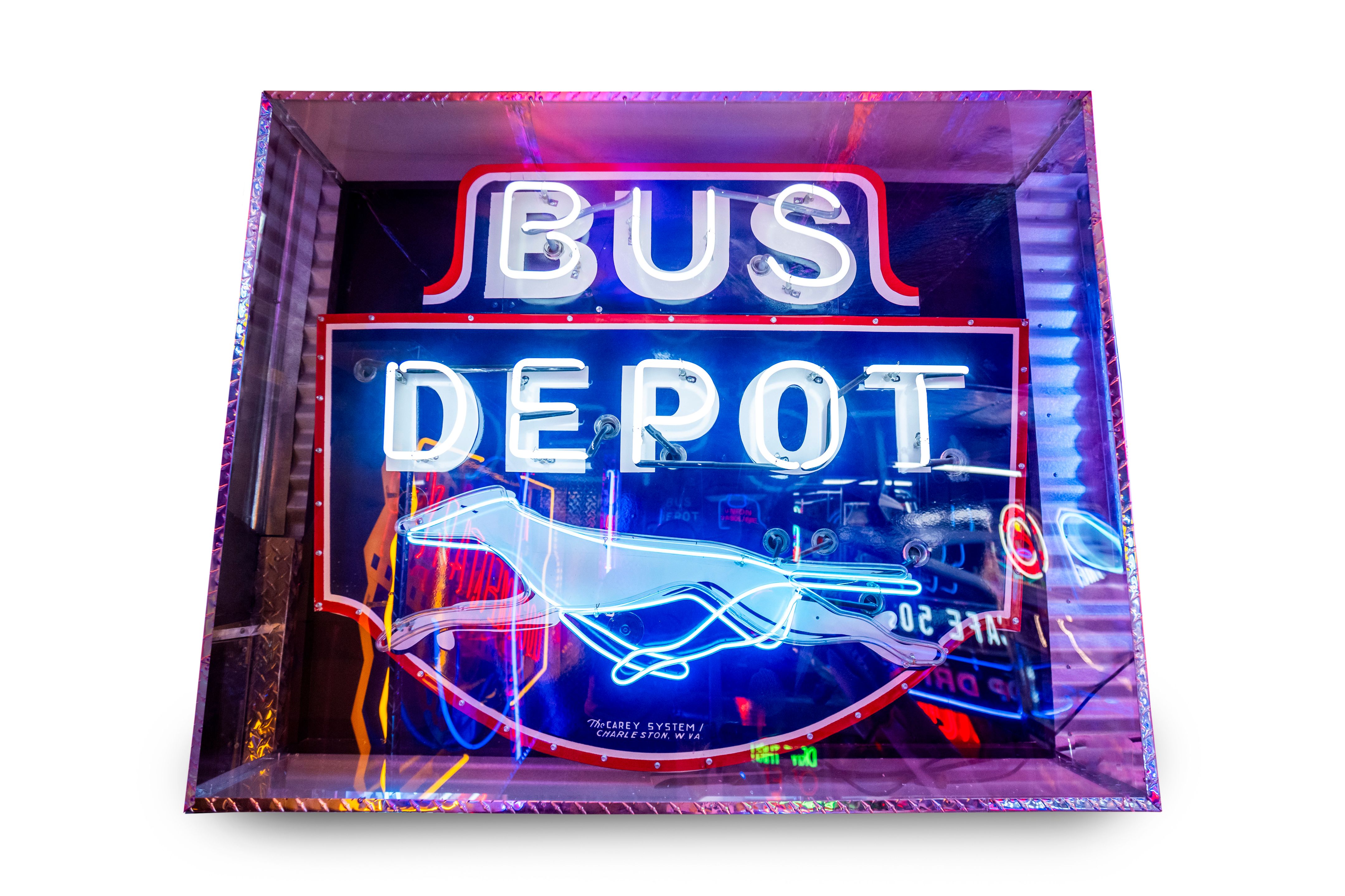 Bonhams Cars : A Greyhound bus depot animated neon porcelain sign,