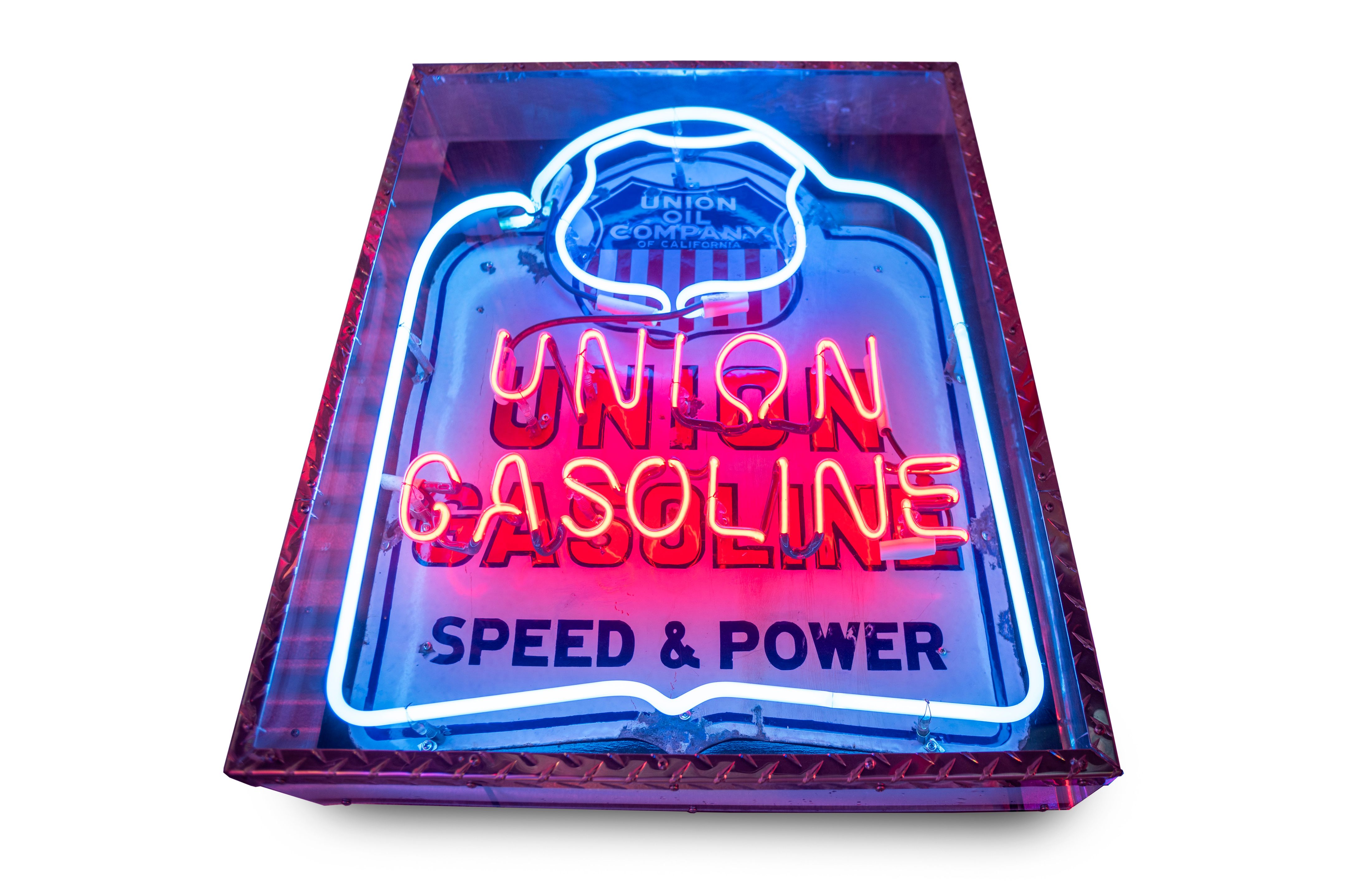 Bonhams Cars : A Union Gasoline porcelain sign with neon-added,