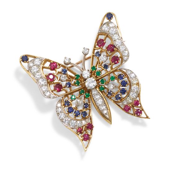Bonhams : AN 18K BI-COLOR GOLD, DIAMOND AND GEM-SET BROOCH