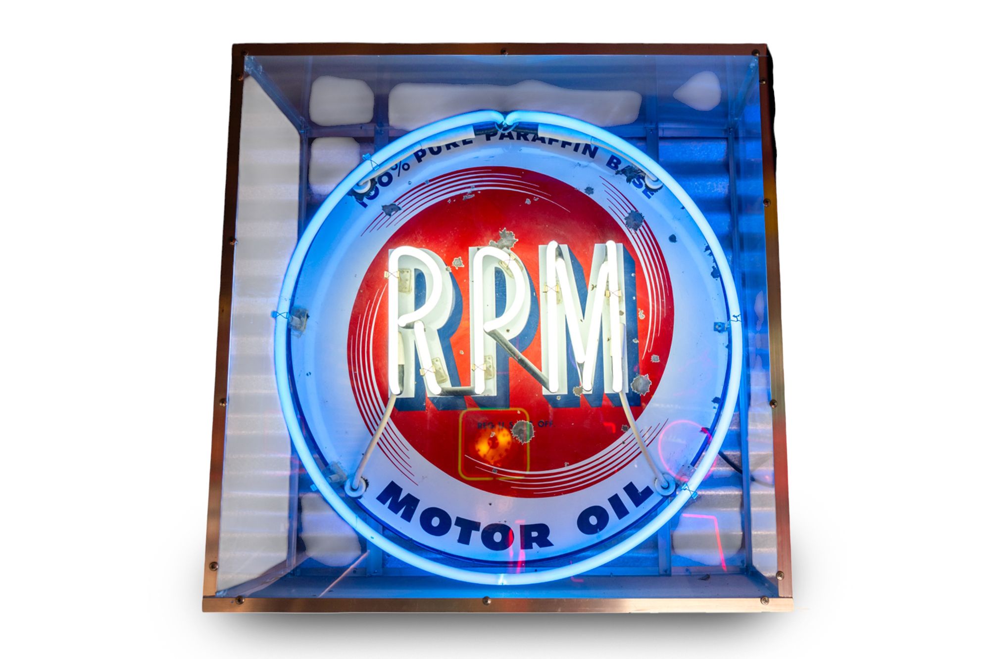 Bonhams Cars : An RPM Motor Oil porcelain sign with neon added,