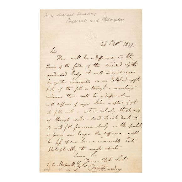 Bonhams : FARADAY ON GALILEO'S FALLING BODIES EXPERIMENT. FARADAY, MICHAEL. 1791-1867. Autograph ...