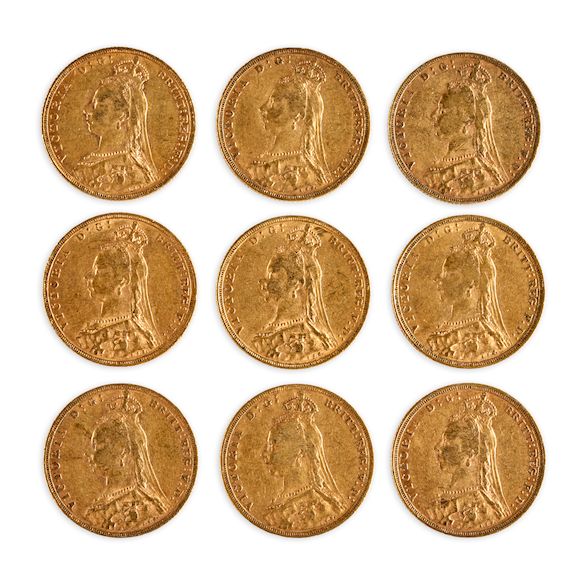 Bonhams Skinner : NINE VICTORIA JUBILEE HEAD GOLD SOVEREIGNS.