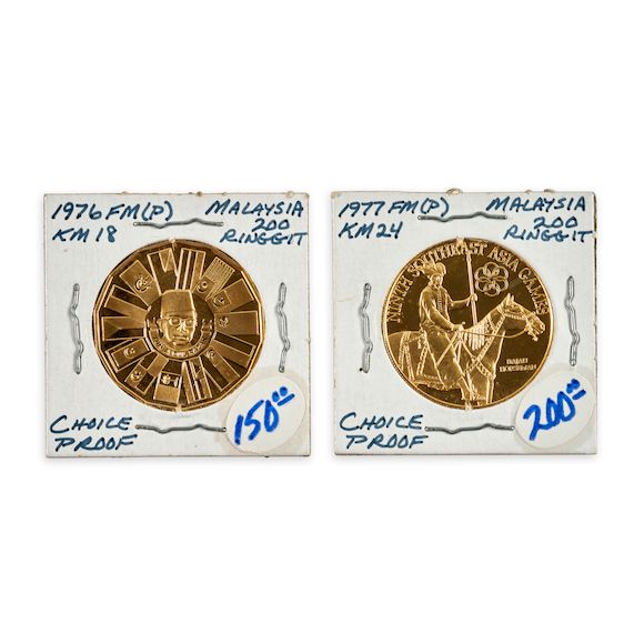 Bonhams Skinner : TWO MALAYSIA 200 RINGGIT GOLD PROOF COINS.
