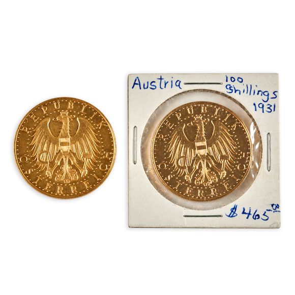 Bonhams Skinner : TWO AUSTRIA 100 SHILLING GOLD COINS.