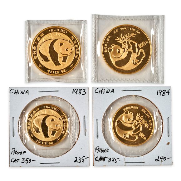 Bonhams Skinner : FOUR CHINESE PANDA PROOF GOLD COINS.