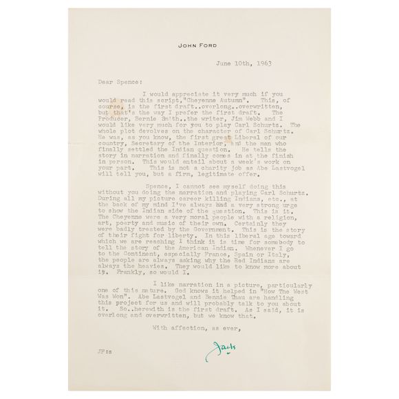 Bonhams : A Signed Letter to Spencer Tracy from John Ford 1963