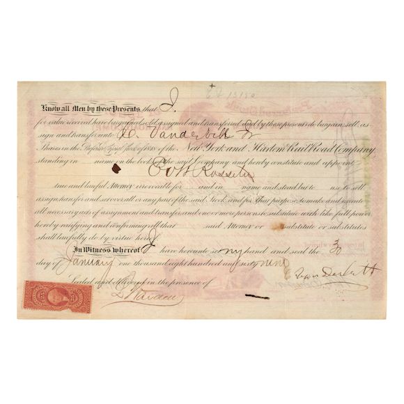 Bonhams : CORNELIUS VANDERBILT-SIGNED STOCK CERTIFICATE FOR THE NEW ...