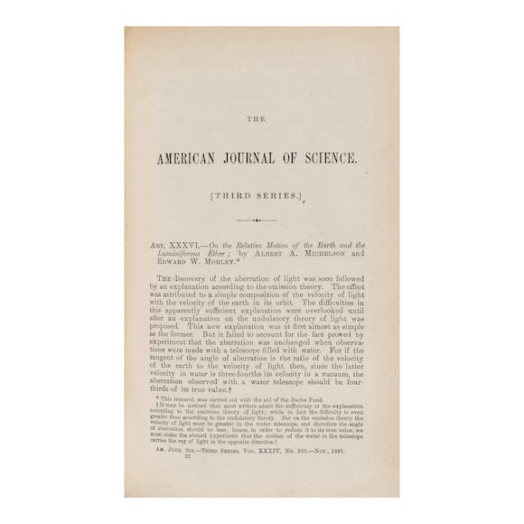 Bonhams : FIRST APPEARANCE OF THE FAMOUS MICHELSON-MORLEY EXPERIMENT ...