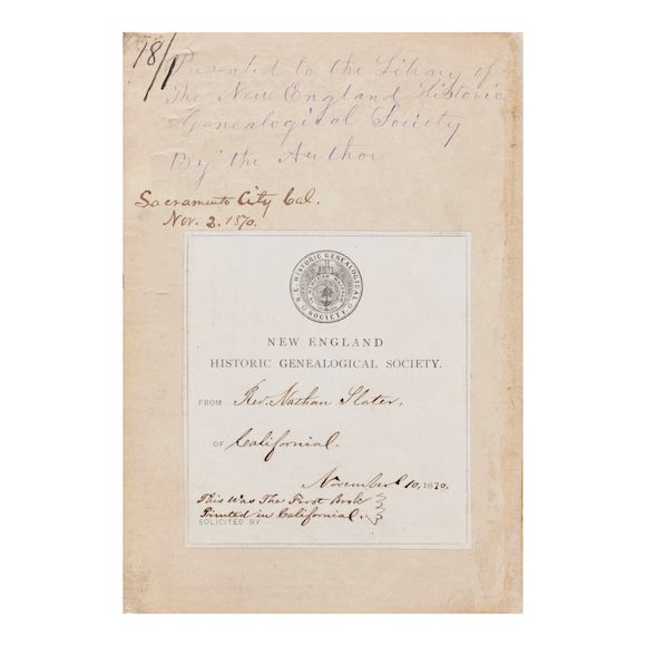 Bonhams : THE FIRST BOOK ENTERED FOR COPYRIGHT IN CALIFORNIA. SLATER ...