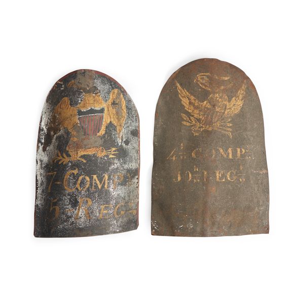 Bonhams Skinner : TWO PAINTED TIN NEW ENGLAND MILITIA CAP PLATES,