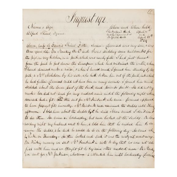 Bonhams : INQUEST MANUSCRIPT. A Victorian manuscript record of witness ...