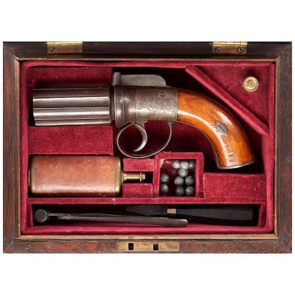 Bonhams Skinner : A CASED ENGLISH PEPPERBOX PISTOL,