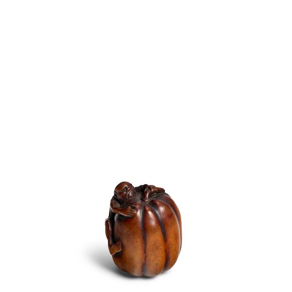 Bonhams : ARTIST UNKNOWN A Wood Netsuke of a Man on a Giant Pumpkin Edo ...