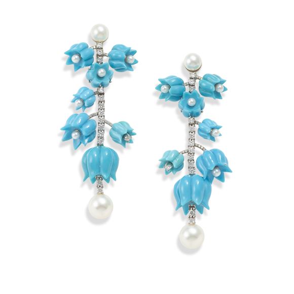 Bonhams : IRENE NEUWIRTH: A PAIR OF 18K WHITE GOLD, TURQUOISE, CULTURED ...