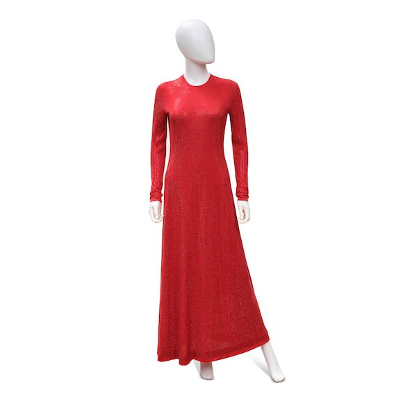 Bonhams Skinner : CELINE: RED EMBELLISHED KNIT MAXI DRESS Late 1990's